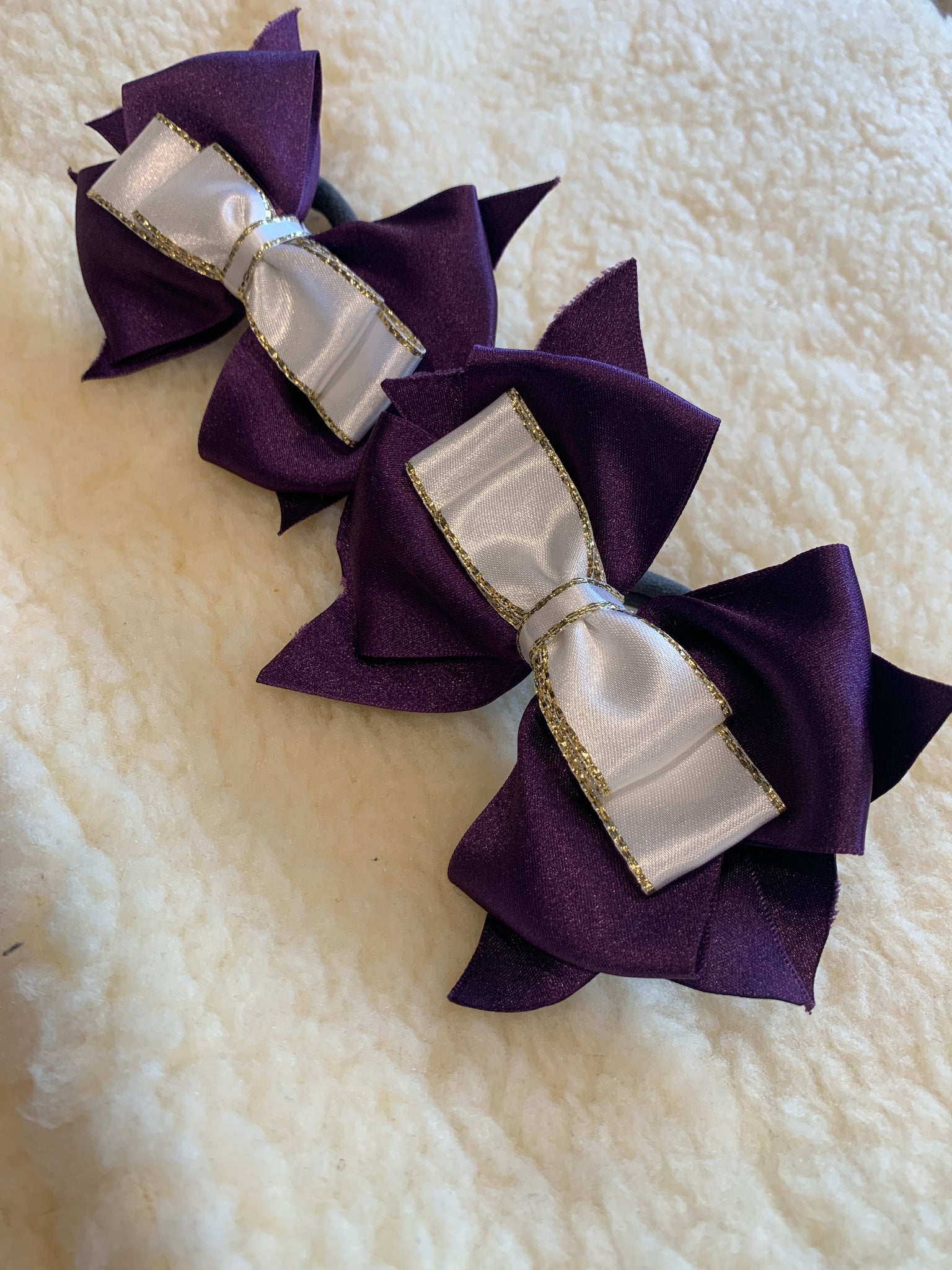 Hair bows in purple, white & gold 5” bow with tails | Showponyprep.com