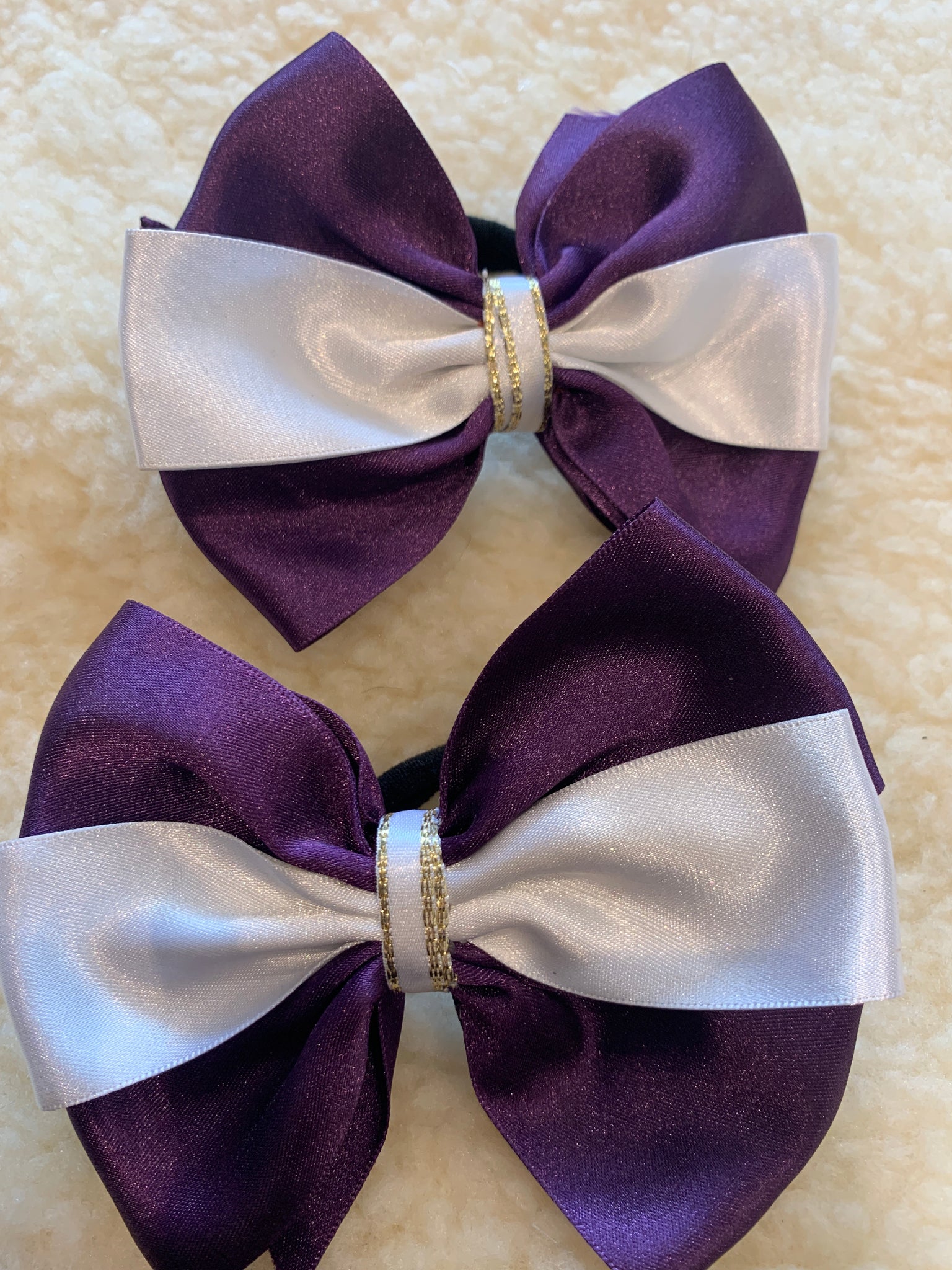 Hair bows in purple, white & gold 5” bow with tails | Showponyprep.com
