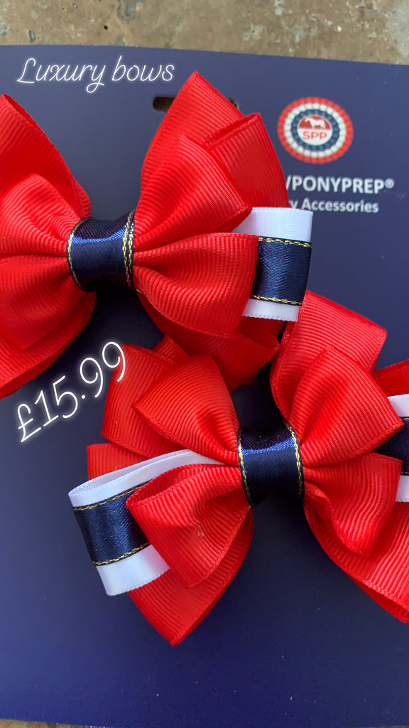 Rich red, Navy, white edged in gold - layered 3” bows (no tails ...